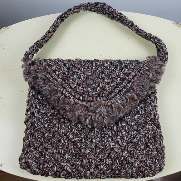 Bags | Vintage Macrame Crochet Browm Sliver Metallic Purse Shoulder ...